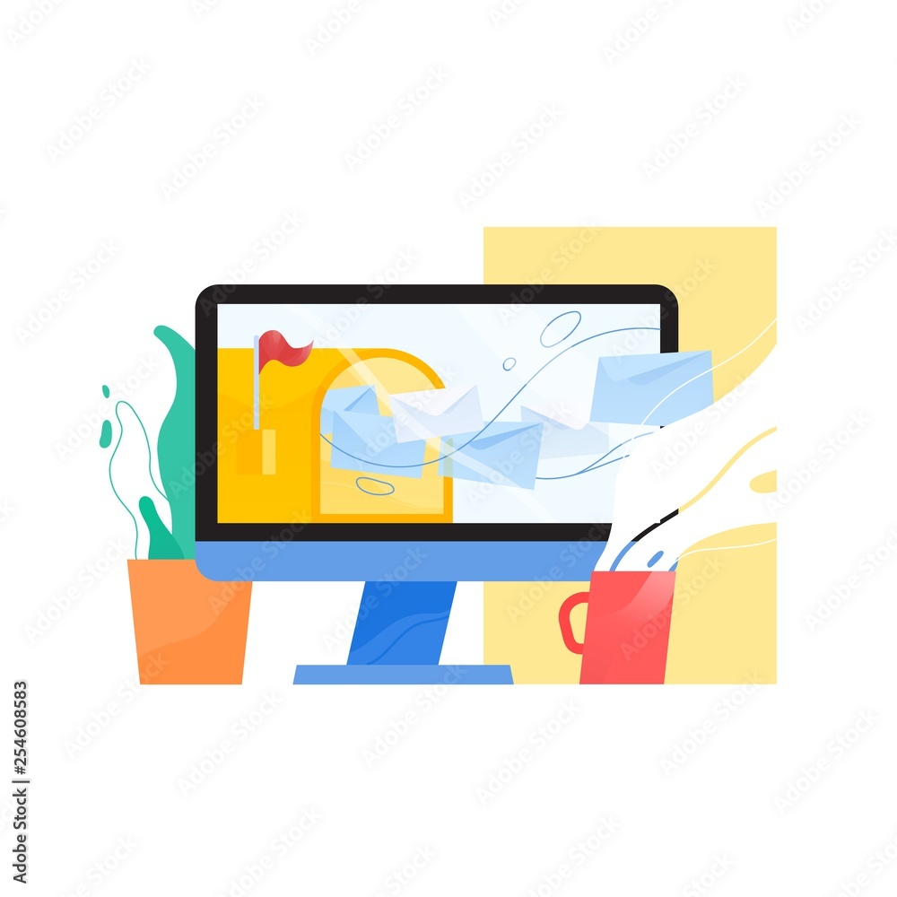 Open mailbox with red flag and incoming letters flying out of computer ...