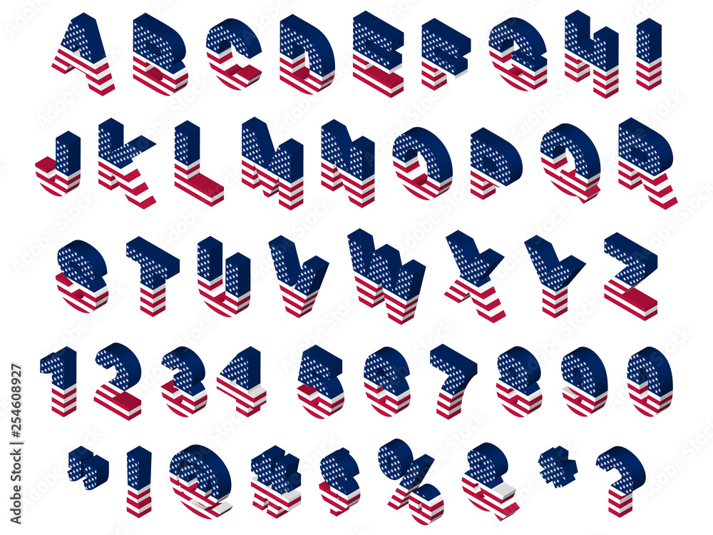 3d isometric usa flag font, letters, numbers, symbols and signs, stock ...