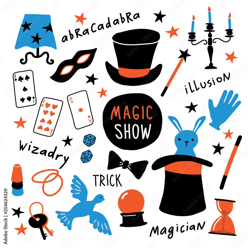 Magician equipment collection. Magic elements and symbols, illusionist ...