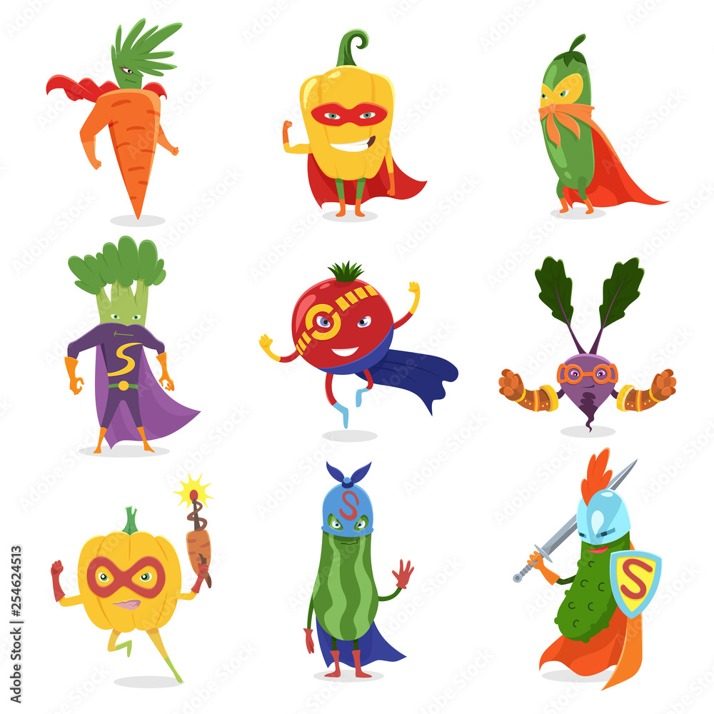 Superhero Vegetables In Masks And Capes Set Of Cute Childish Cartoon ...