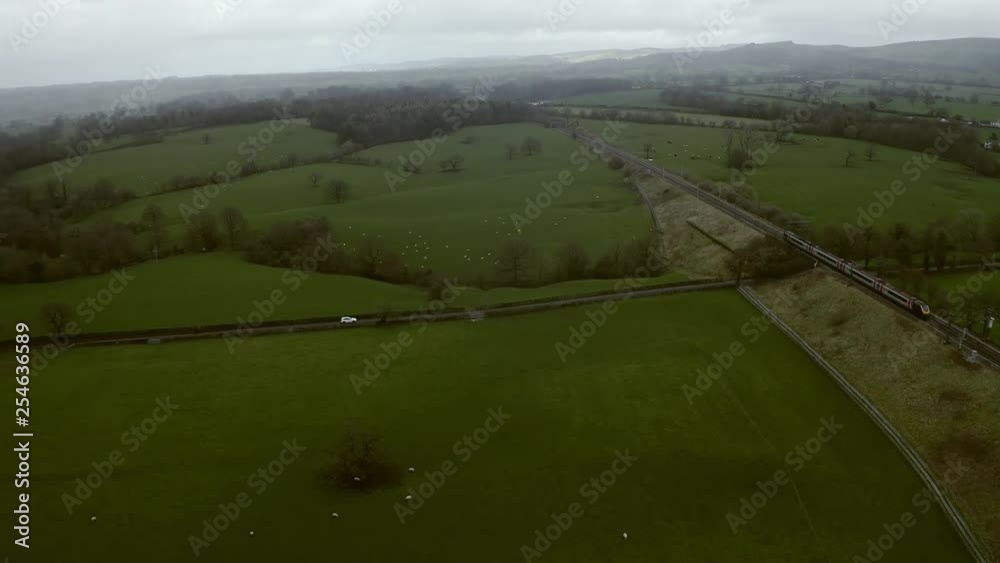 An aerial view of the a large Buxton railway bridge viaduct as trains ...