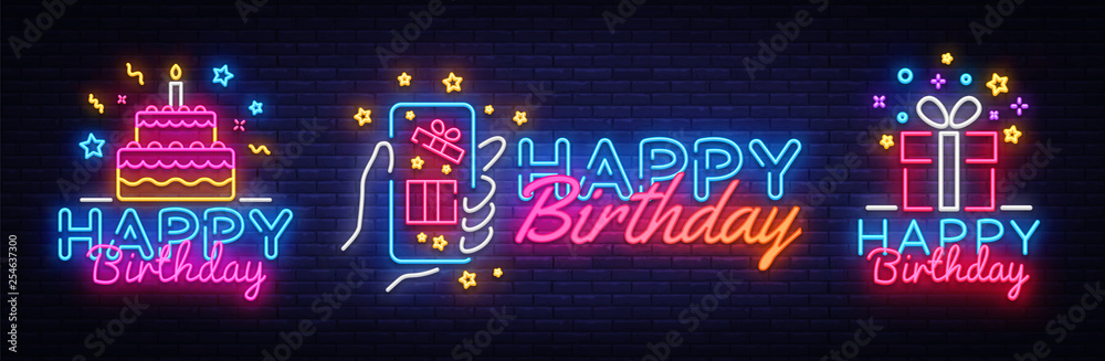 Big collectin neon signs for Happy Birthday. Neon Banner Vector. Happy ...