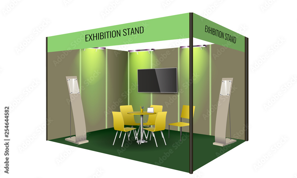 Exhibition stand display design with table and chair, info board ...