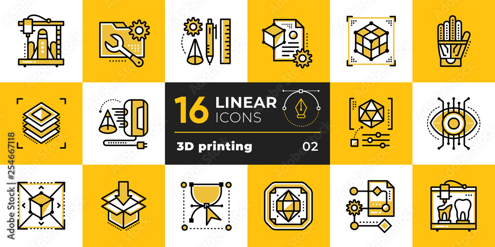 Linear icon set of 3D printing and 3D modeling. Suitable for ...