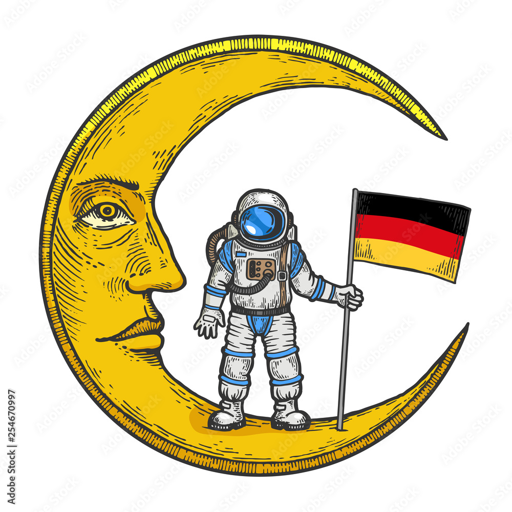 Astronaut spaceman with German flag on cartoon moon with face color ...
