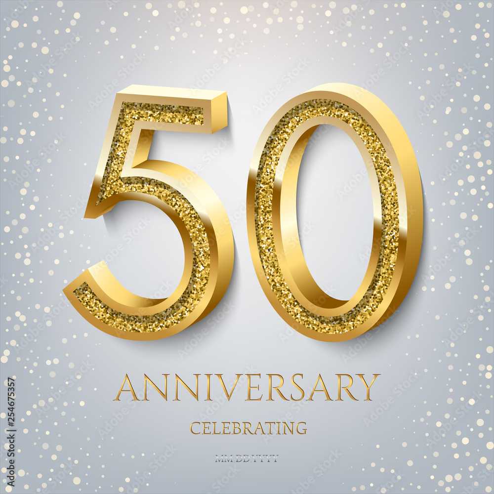 50th Anniversary Celebrating golden text and confetti on light blue ...