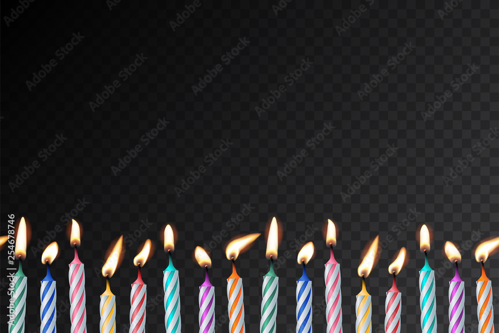 Birthday candles realistic vector illustration on dark transparent ...