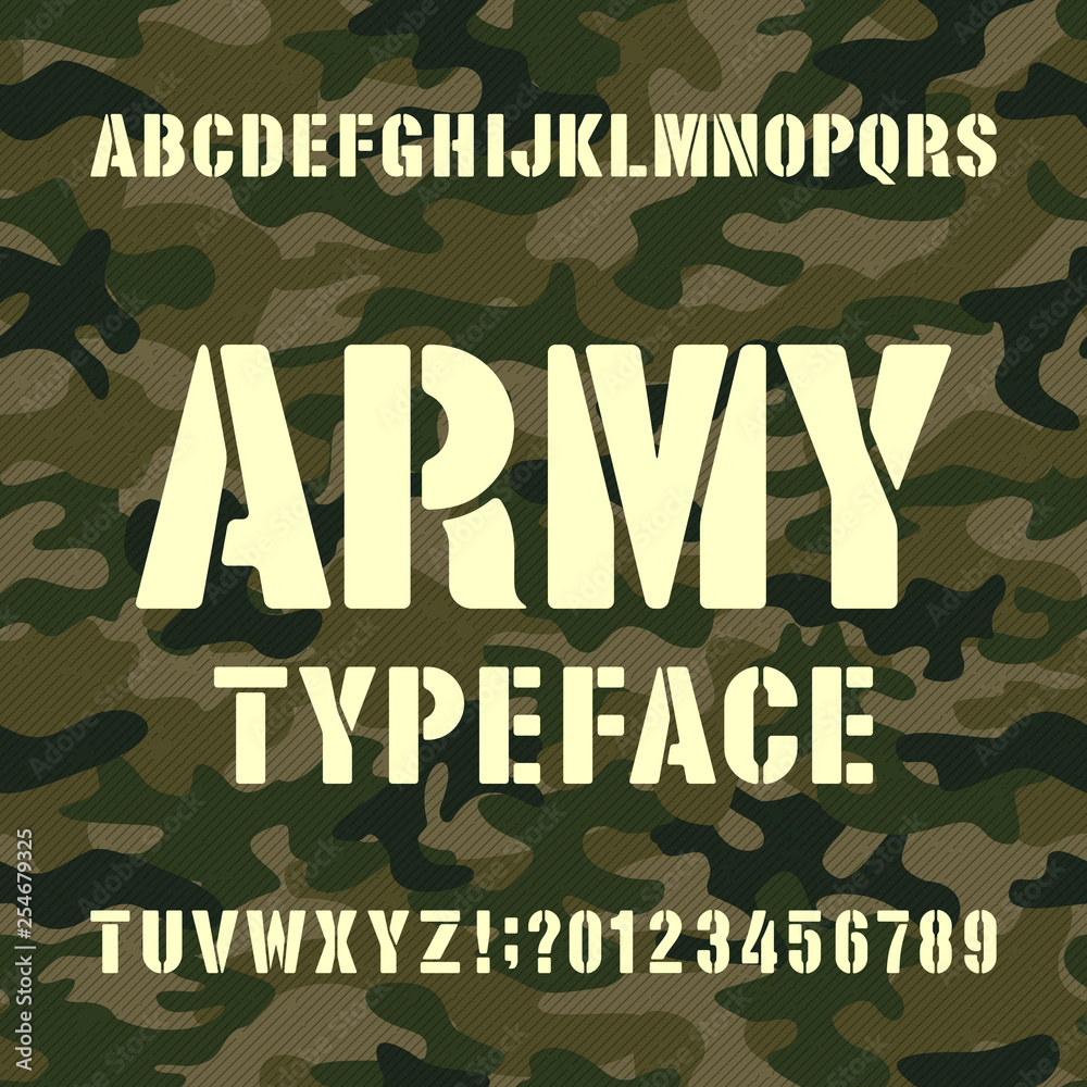 Army alphabet typeface. Stencil letters and numbers on distressed camo ...