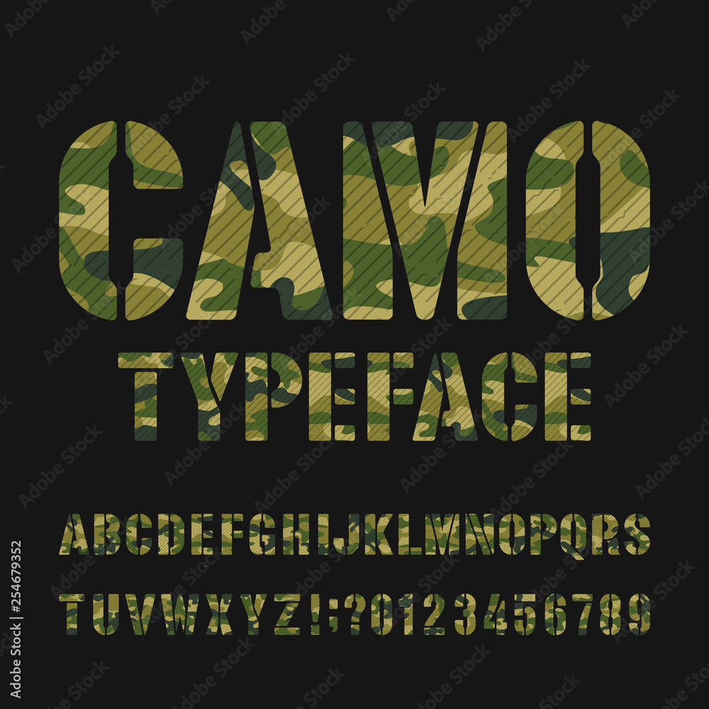 Camo alphabet typeface. Stencil type letters and numbers on a dark ...