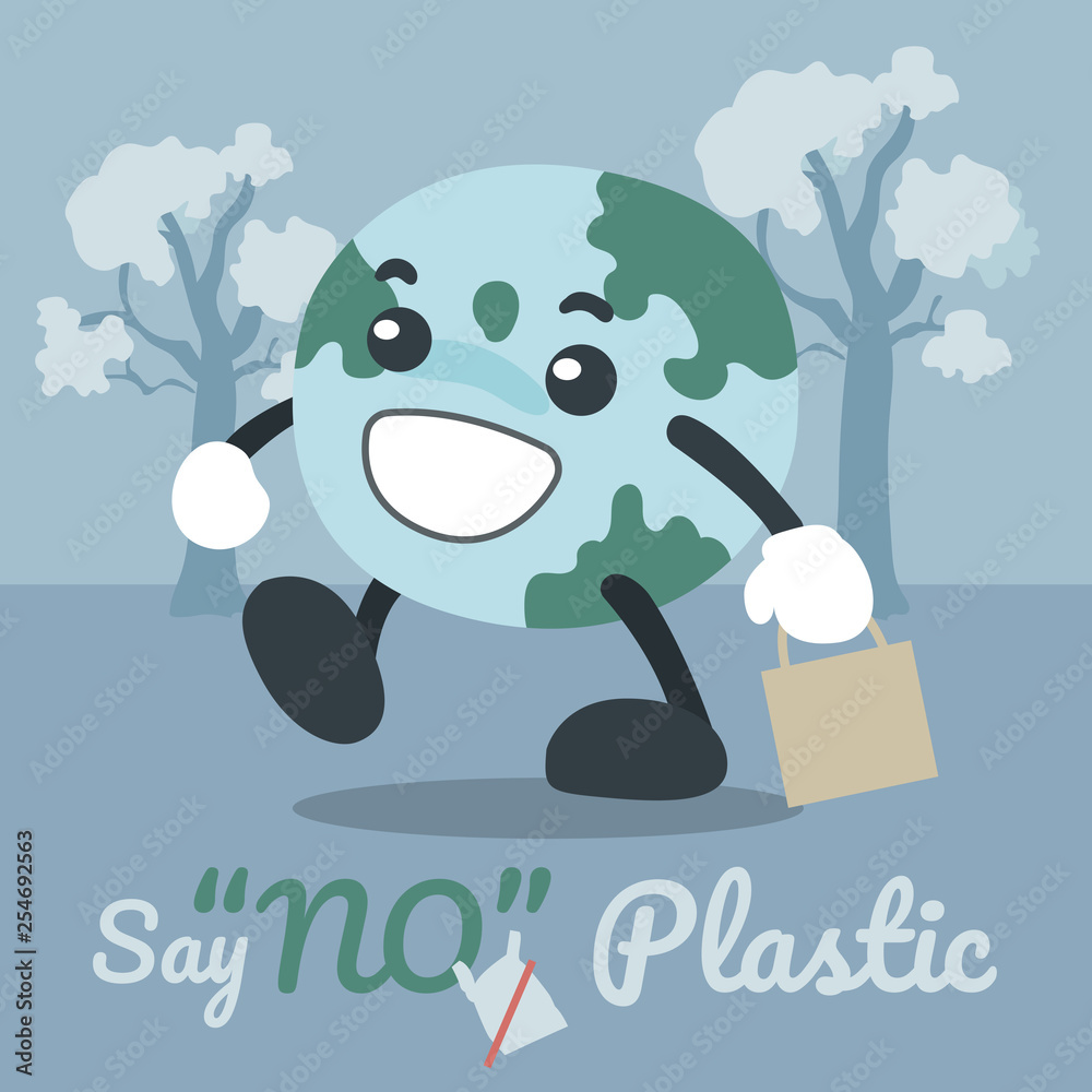 Cartoon Earth hand holding recycle shopping bag, say no to plastic bags ...
