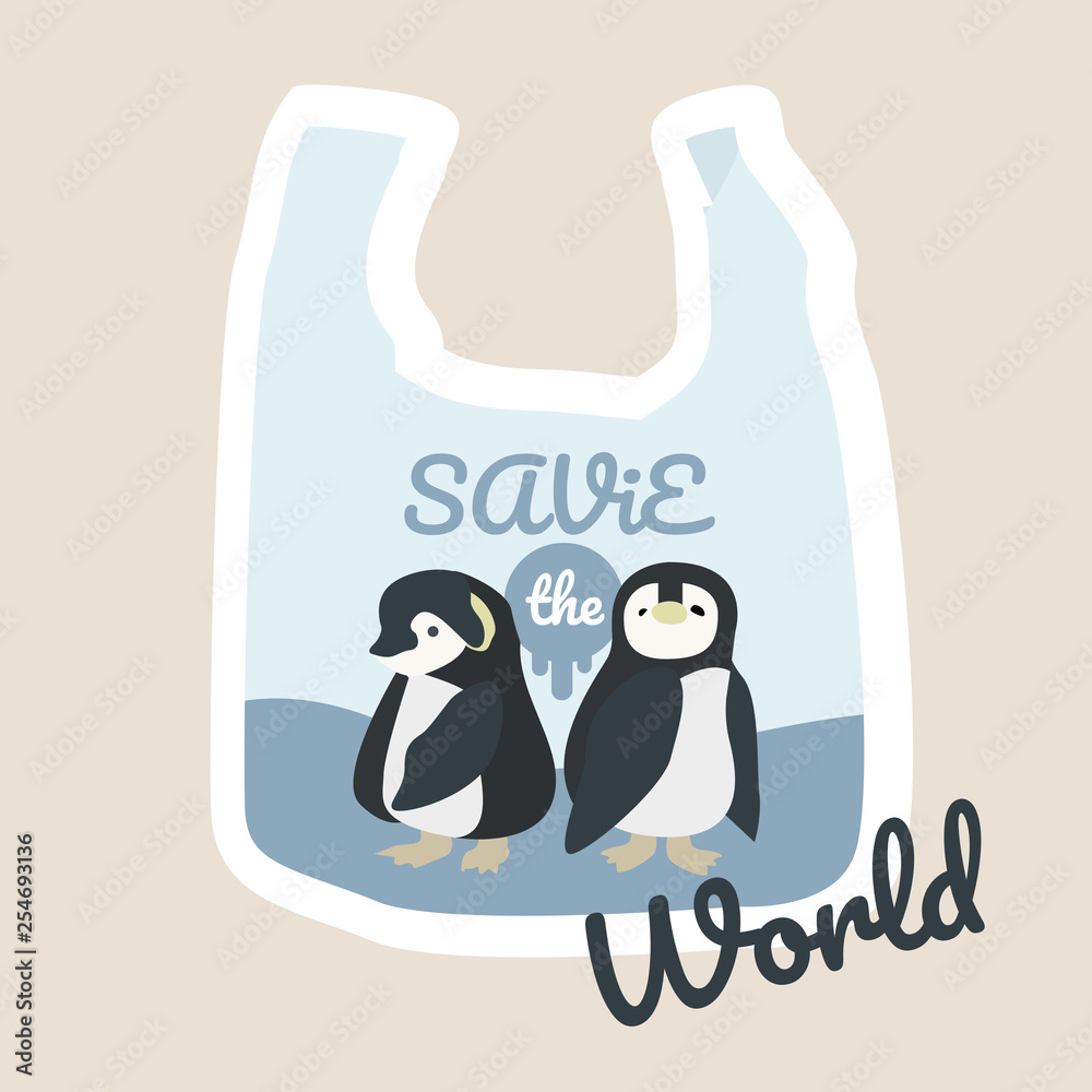 Eco concept poster or banner, penguins in plastic bag. Save the world ...