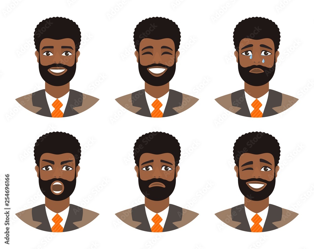 Set of mens avatars expressing various emotions: joy, sadness, laughter ...