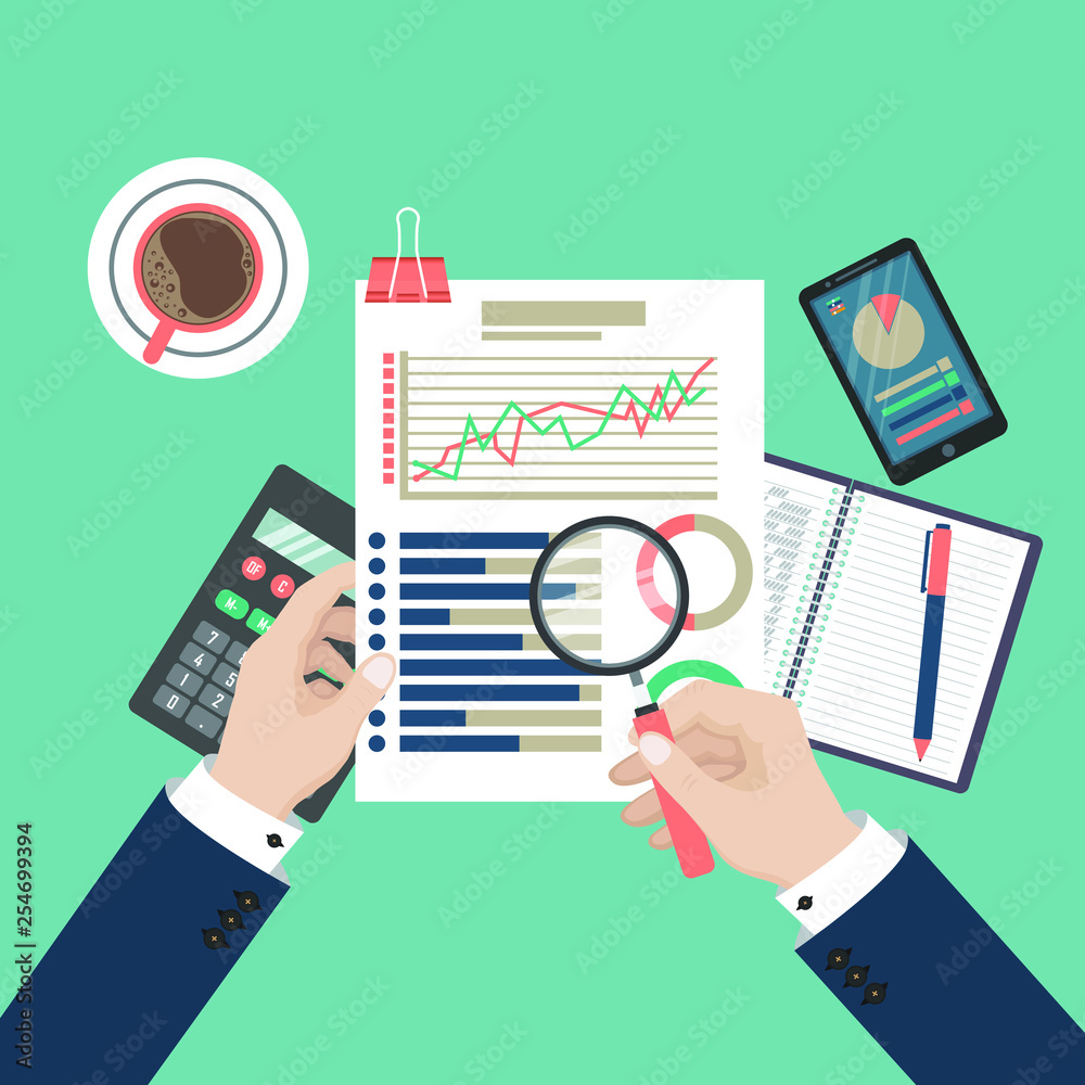 Auditing concept vector illustration. Tax process. Business background. Flat design of analysis ...