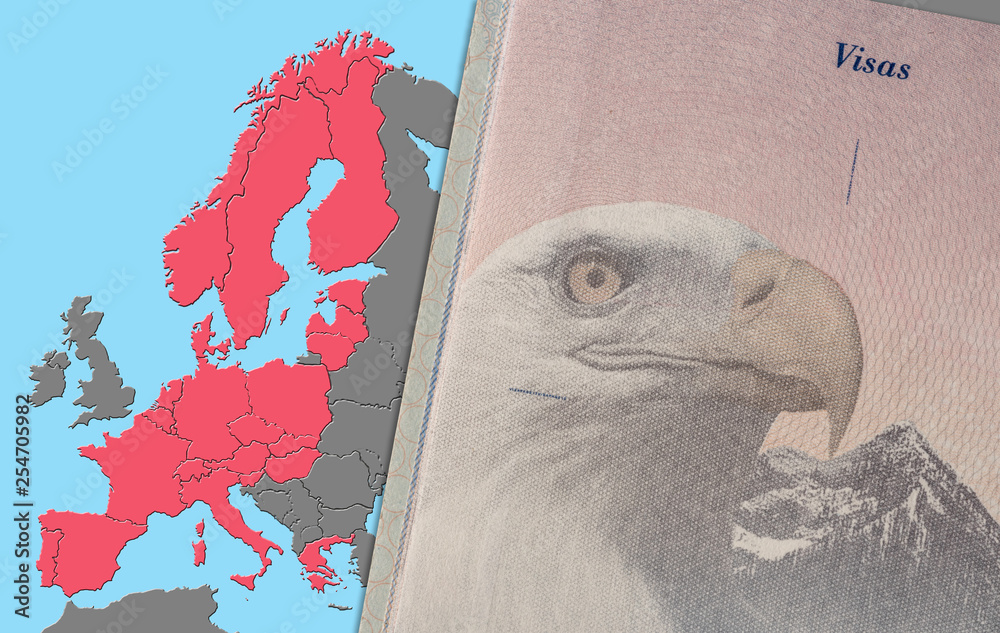 Detail of the visa page in a US passport against European Union map ...