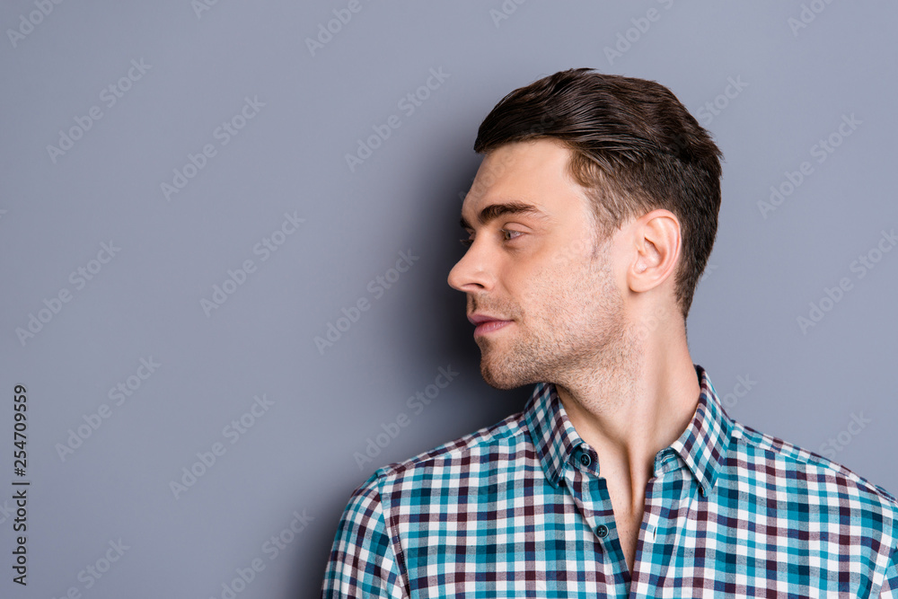Close up side profile photo attractive amazing he him his man turn head ...