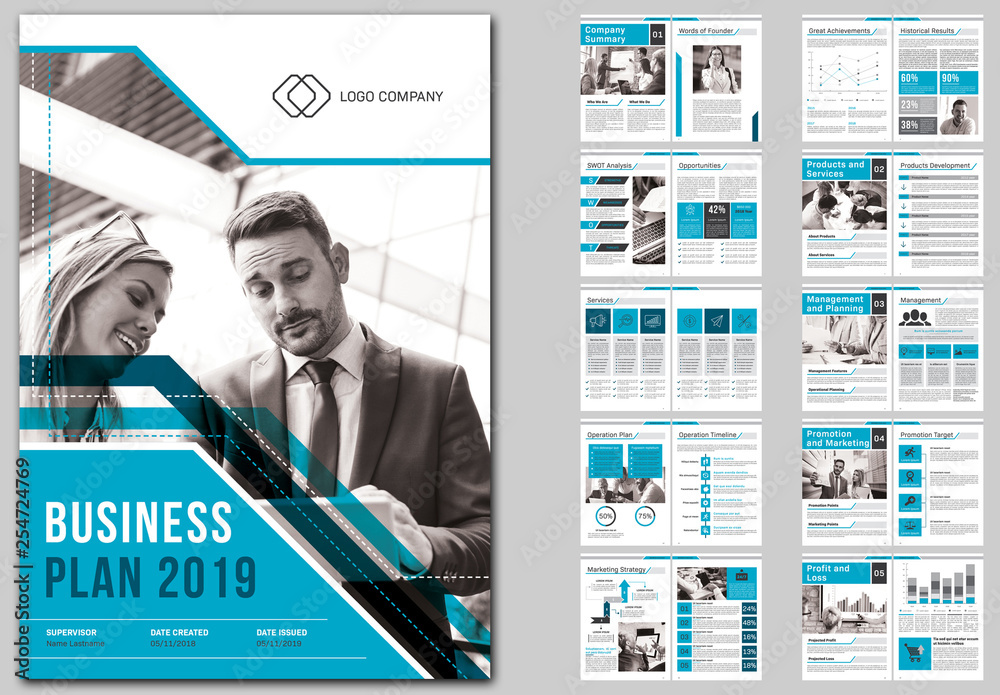 Business Plan Layout with Blue Accents Stock Template | Adobe Stock