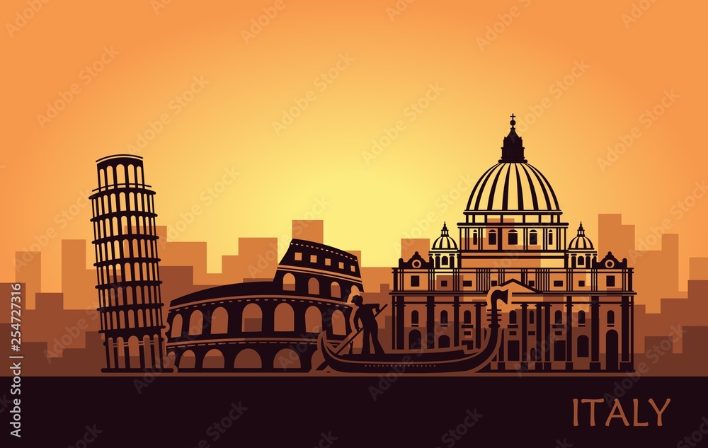 Abstract Italian cityscape with silhouettes of sights at sunset Stock ...