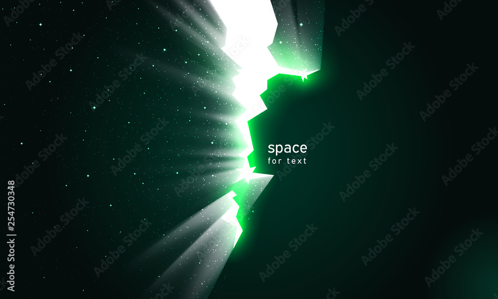 Light and stars in space from cracks in wall. Dark broken wall glow ...