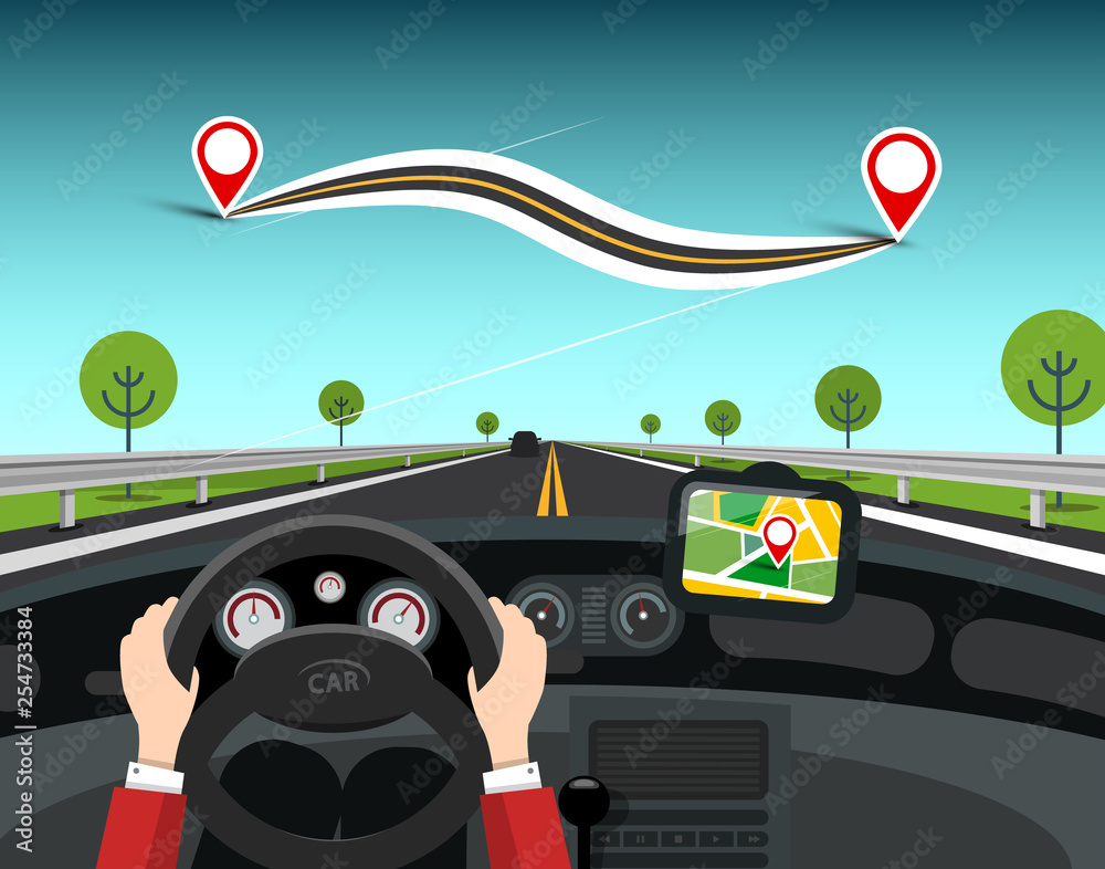 Road Map with Destination Pins. Driving Car on Street with GPS ...