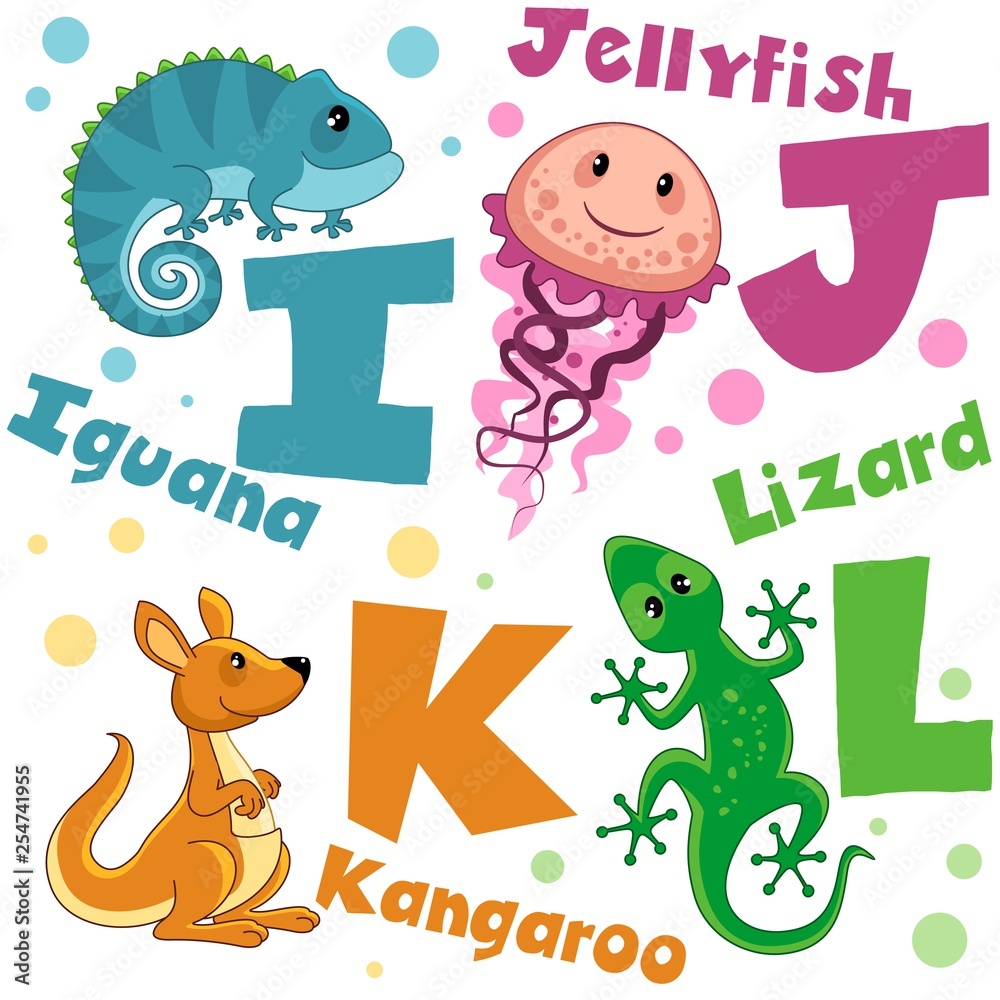 A set of letters with pictures of animals, words from the English ...