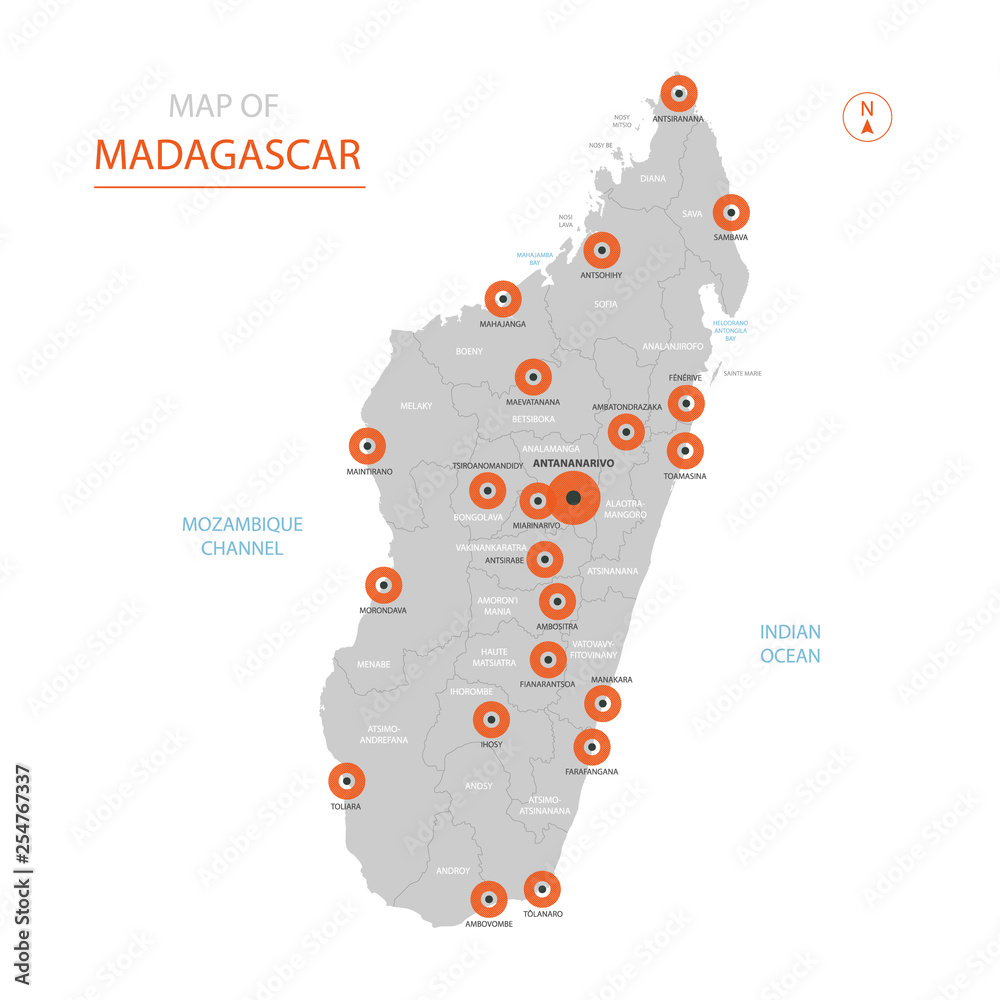 Stylized vector Madagascar map showing big cities, capital Antananarivo ...
