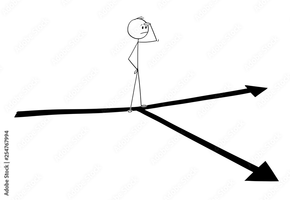 Cartoon drawing and conceptual illustration of confused man standing on ...