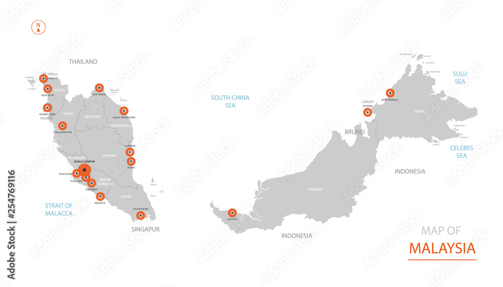 Stylized vector Malaysia map showing big cities, capital Kuala Lumpur ...