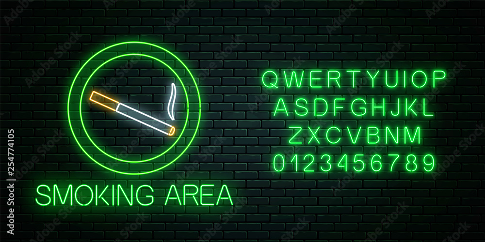 Glowing neon sign of smoking area with alphabet. Nicotine and smoke ...
