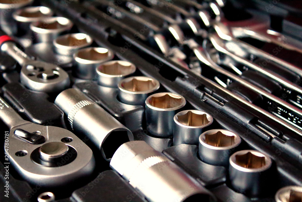 New tool kit. Toolbox. Close-up. Background. Texture. Stock Photo ...