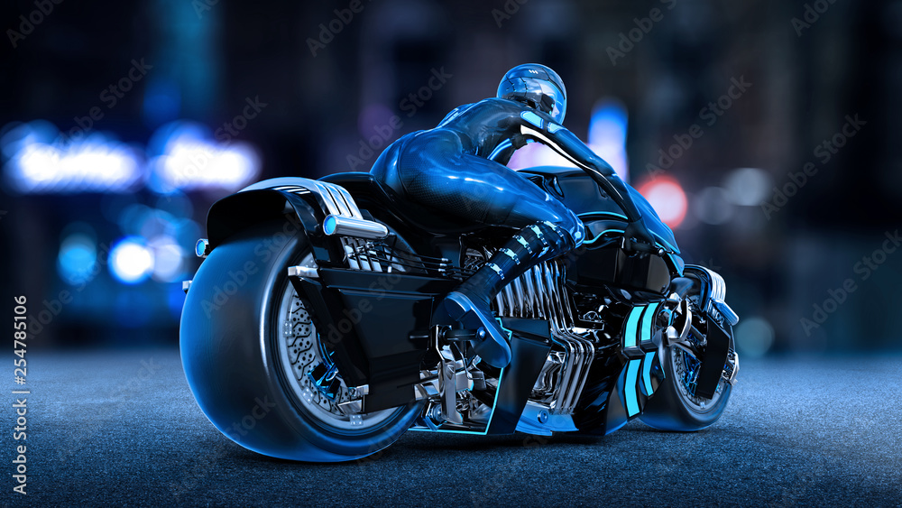 Biker girl with helmet riding a sci-fi bike, woman on black futuristic ...