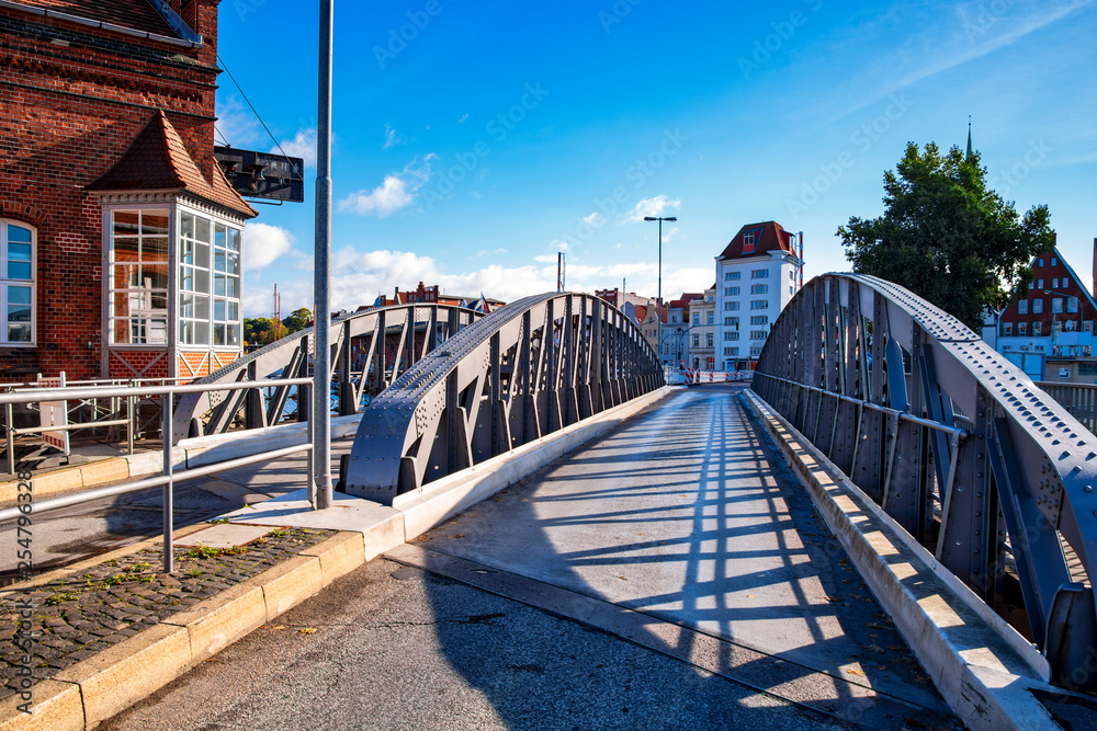 Lübeck on the river Trave . Lift and swing bridge in the St. Lorenz ...