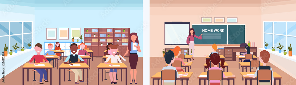 school lesson female teacher with pupils set front back view of ...