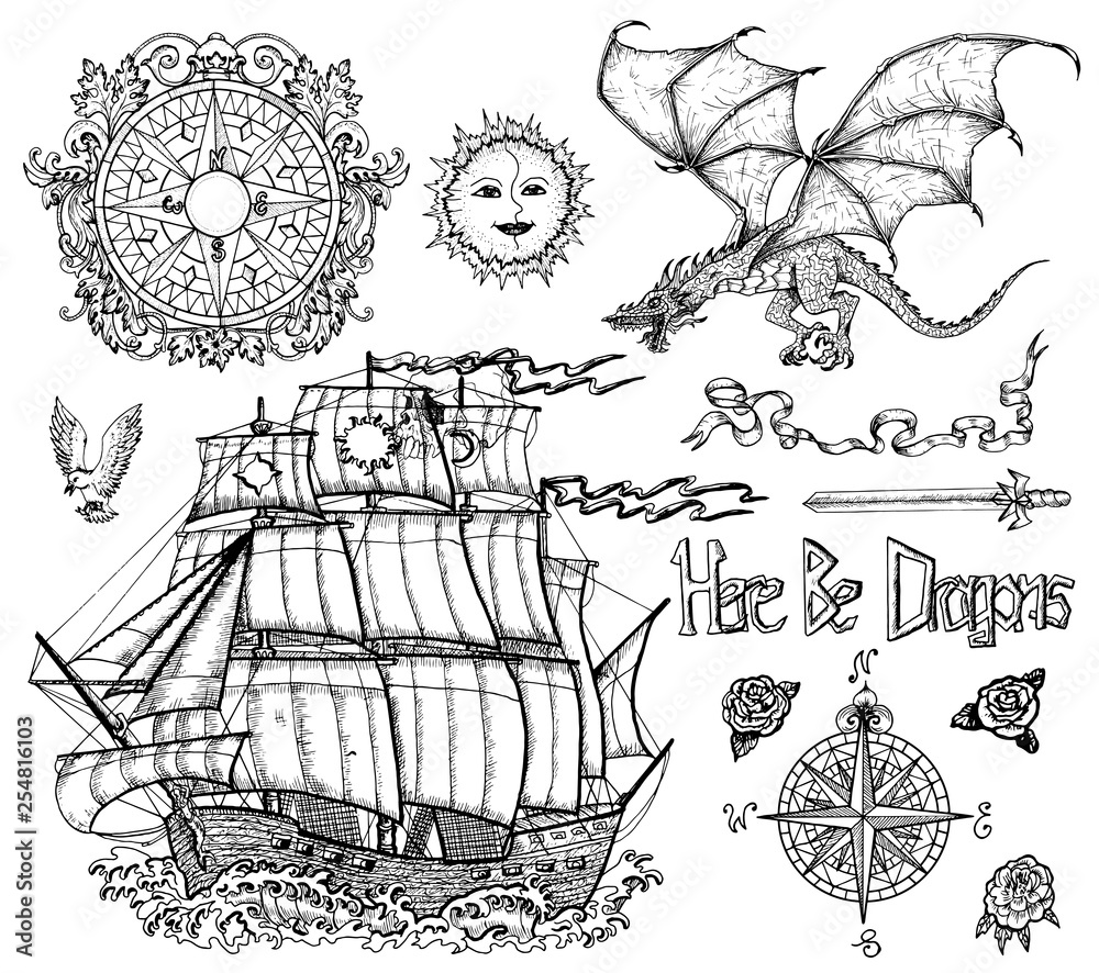 Design set with sailing vessel, flying dragon, compass, sword ...