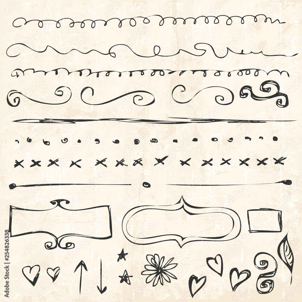 Hand drawn doodle line border frame elements set Stock Vector | Adobe Stock