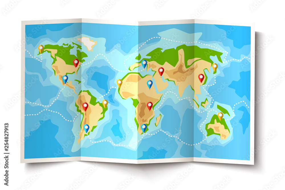 Vector folded world map destination pointer pins Stock Vector | Adobe Stock