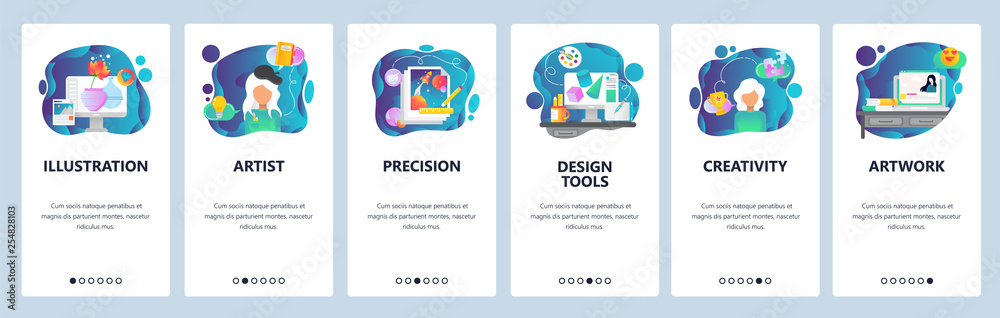 Mobile app onboarding screens. Art work, creativiry and digital ...