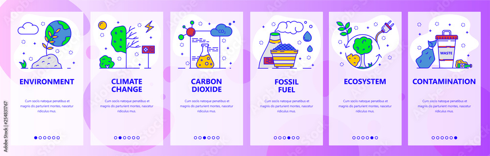 Mobile app onboarding screens. Environment problems, global warming ...