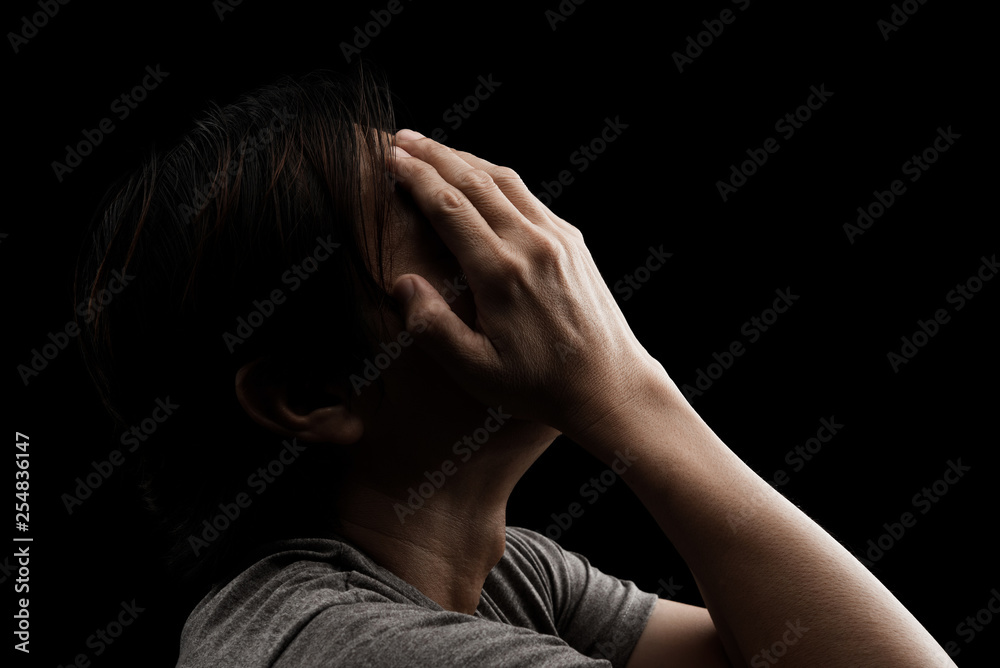 Man sad or cry alone in dark background asia people adult worry unhappy ...