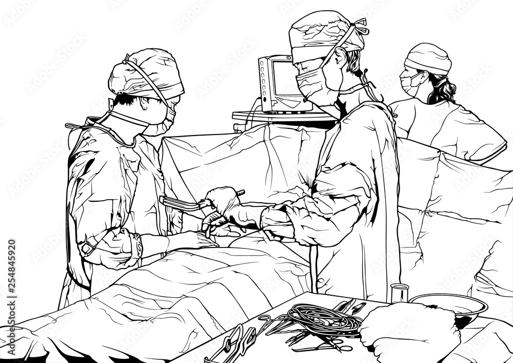 Team Doctors in the Operating Room - Black and White Illustration with ...