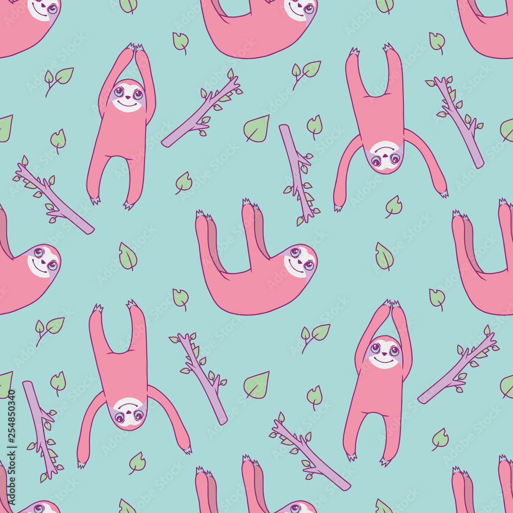 Seamless pattern with pastel pink cute tropical cartoon sloth animals ...