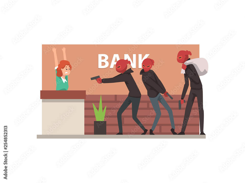 Bank Robbery, Group of Male Thieves Committing Burglary Vector ...
