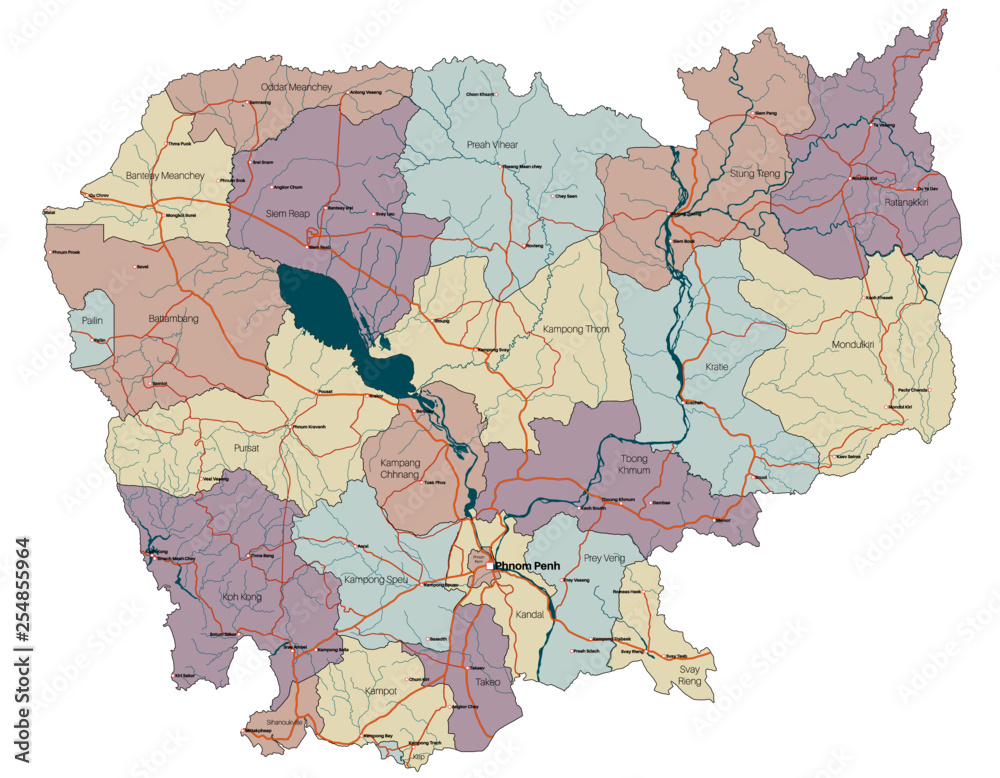 Large and detailed map of the state of Cambodia in Asia Stock Vector ...