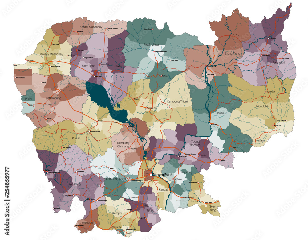 Large and detailed map of the state of Cambodia in Asia Stock Vector ...