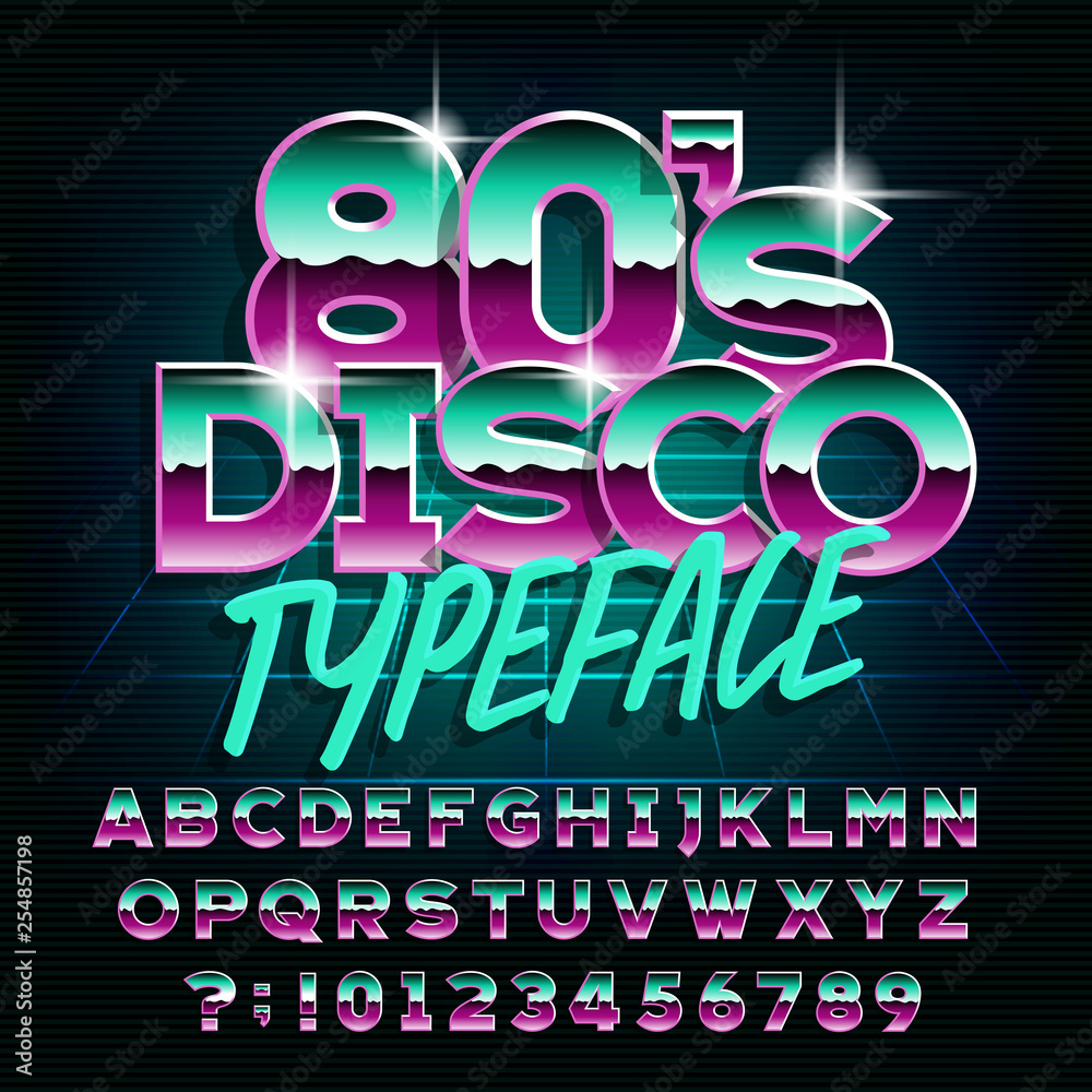 80’s Disco typeface. Letters and numbers. Stock vector alphabet font ...