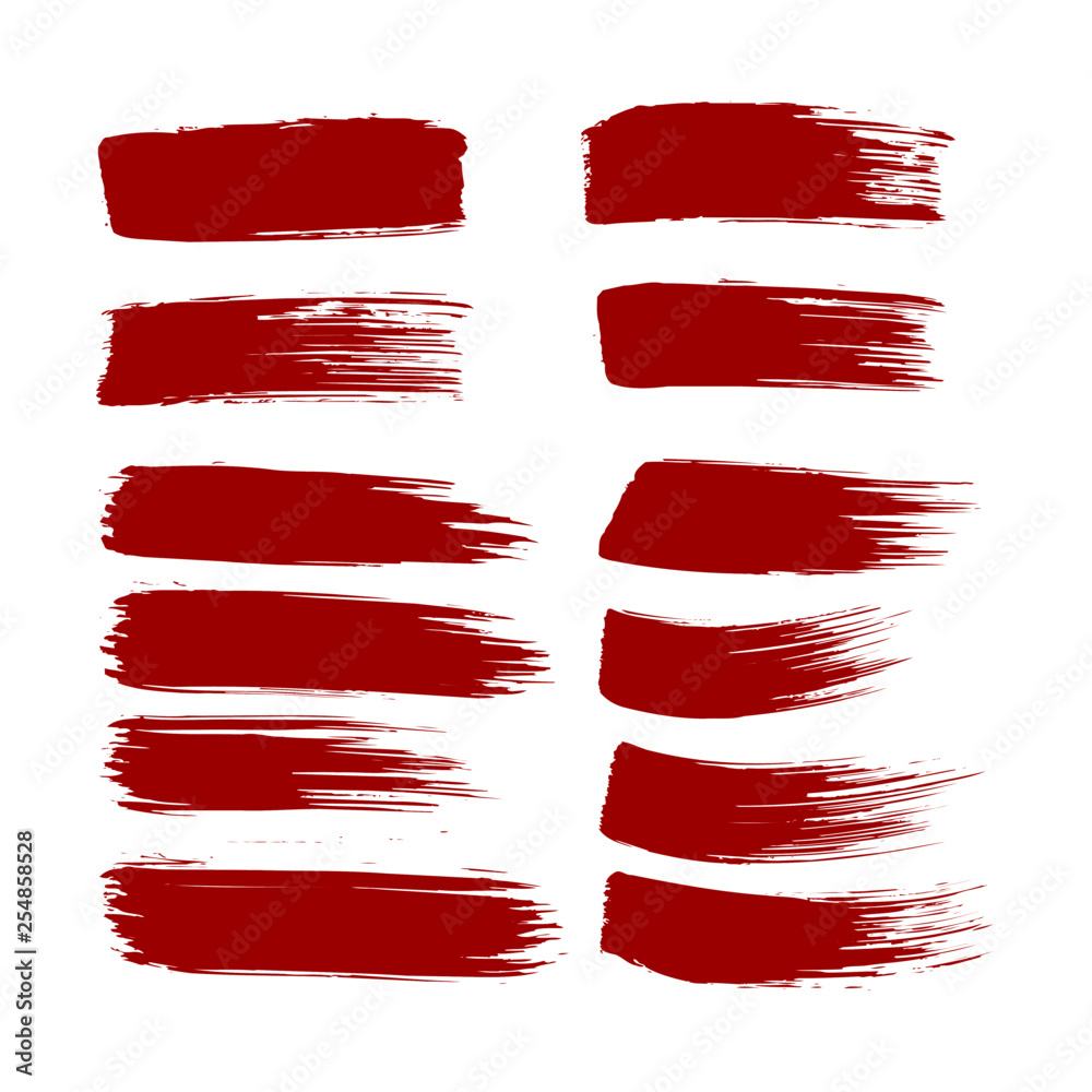 Red Brush strokes. Vector paintbrush set. Round grunge design elements ...