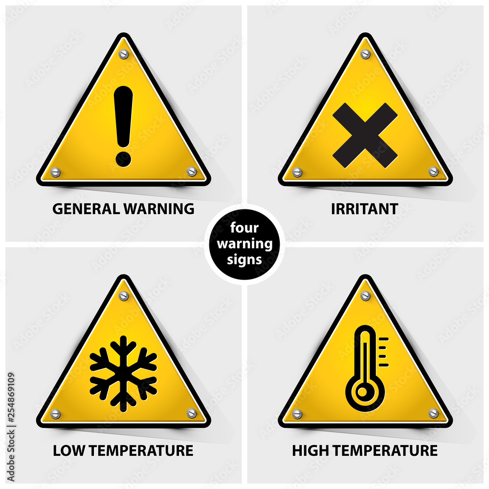 set of warning symbols containing four official international hazard ...