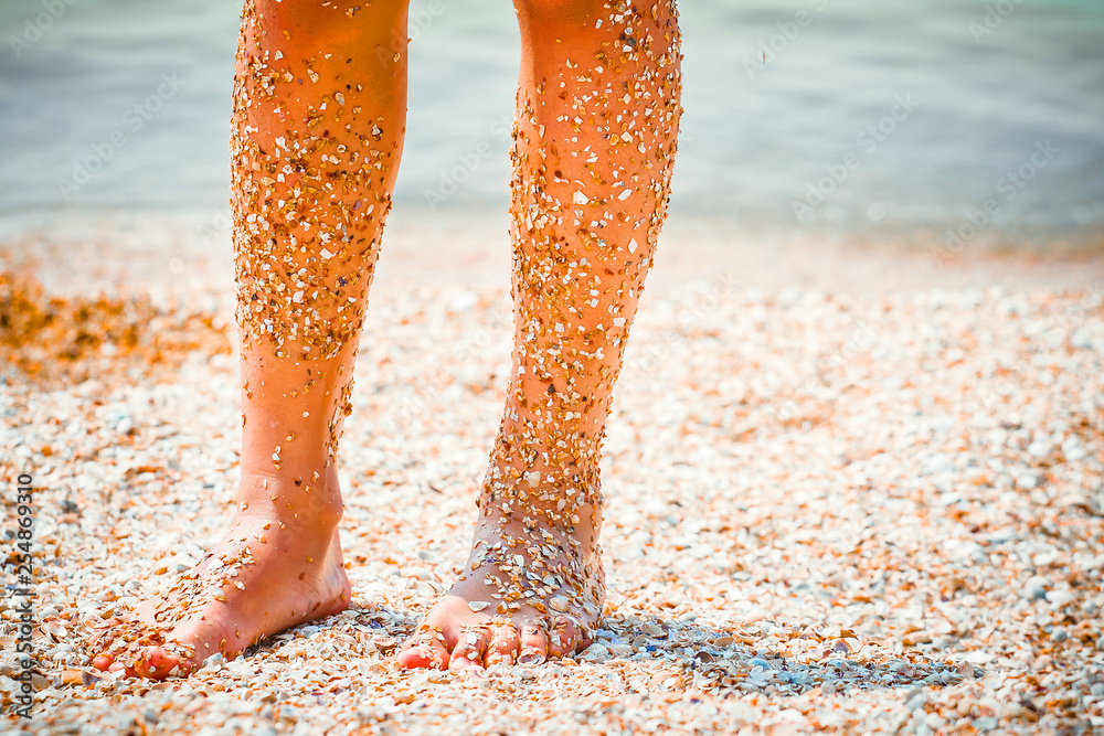 Legs on the beach, covered with shells Stock Photo | Adobe Stock