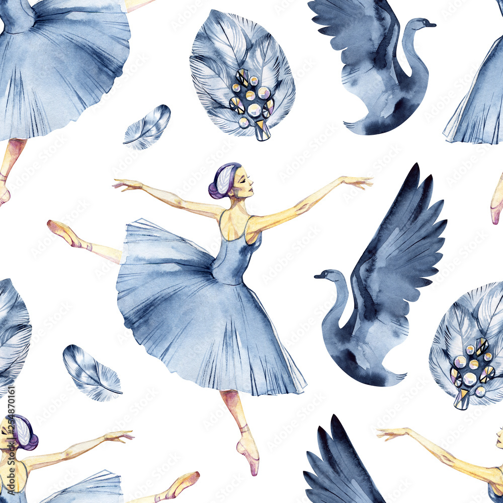 Ballet seamless pattern with ballerina symbols: tutu, pointe, swan ...