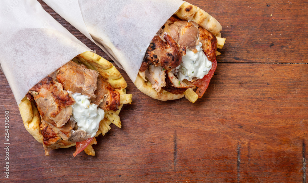 Gyro pita, shawarma, take away, street food. Traditional greek turkish ...