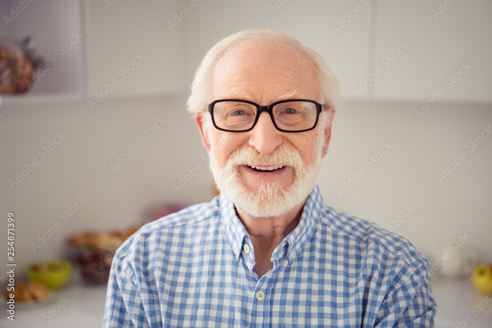 Close up portrait grey haired he his him grandpa sincerely gladly ...